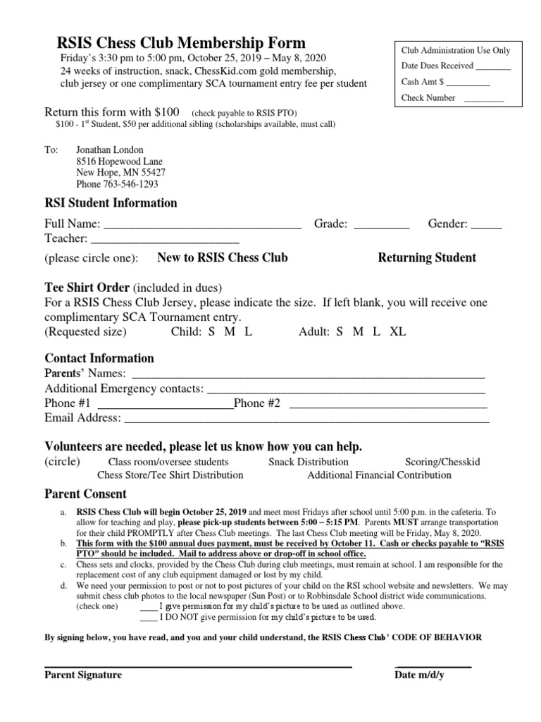 Chess Club Membership Form | PDF | Chess | Learning