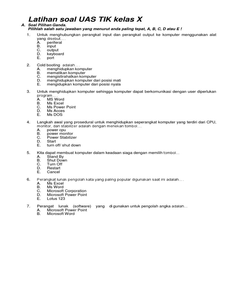 Latihan Soal UAS TIK Kelas X | PDF