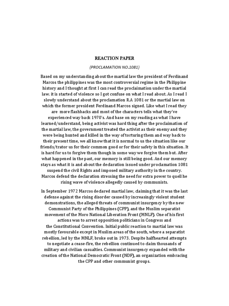 Reaction Paper | PDF | Martial Law | Philippines