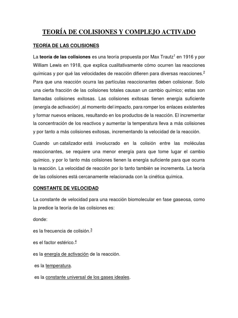 Teoría de Colisiones y Complejo Activado | PDF | Equilibrio químico ...