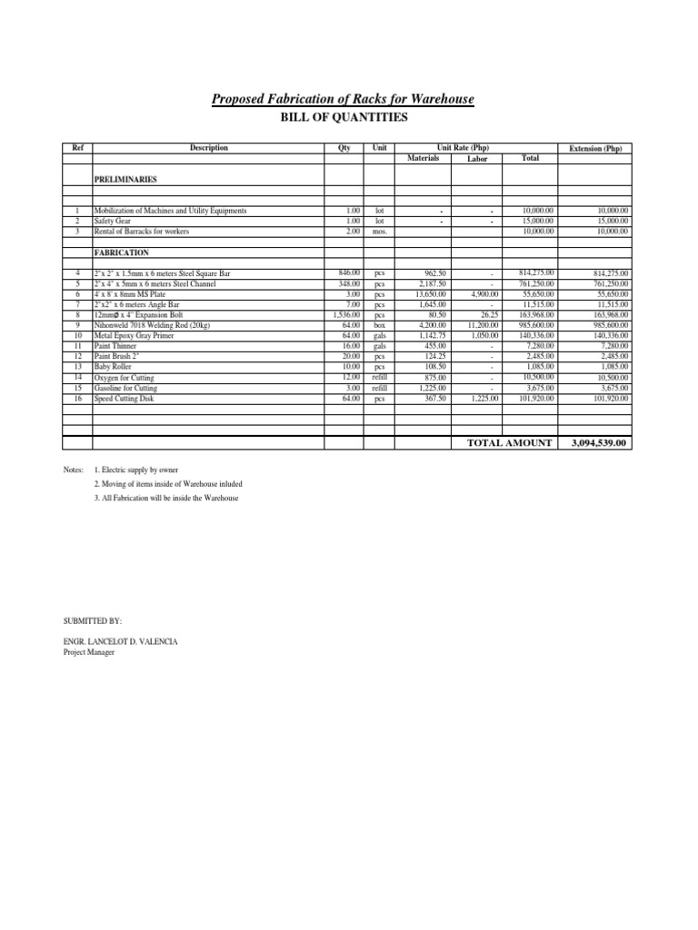 Valenzuela Warehouse Quotation | PDF | Metal Fabrication | Crafts