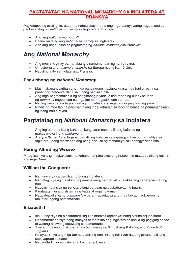 Pagtatatag NG National Monarchy Sa Inglatera at Pransya | PDF