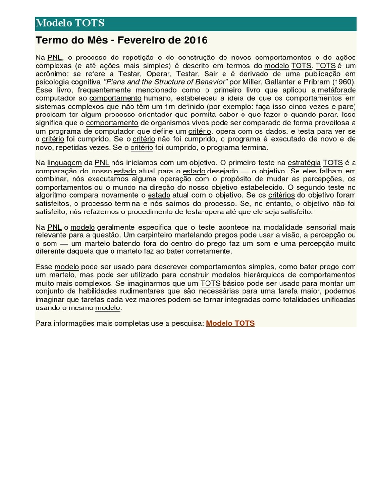 Modelo TOTS na PNL e Psicologia | PDF | Percepção | Psicologia Cognitiva