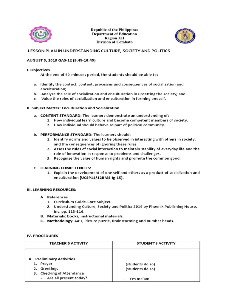 Aug.5 UCSP | PDF | Socialization | Lesson Plan