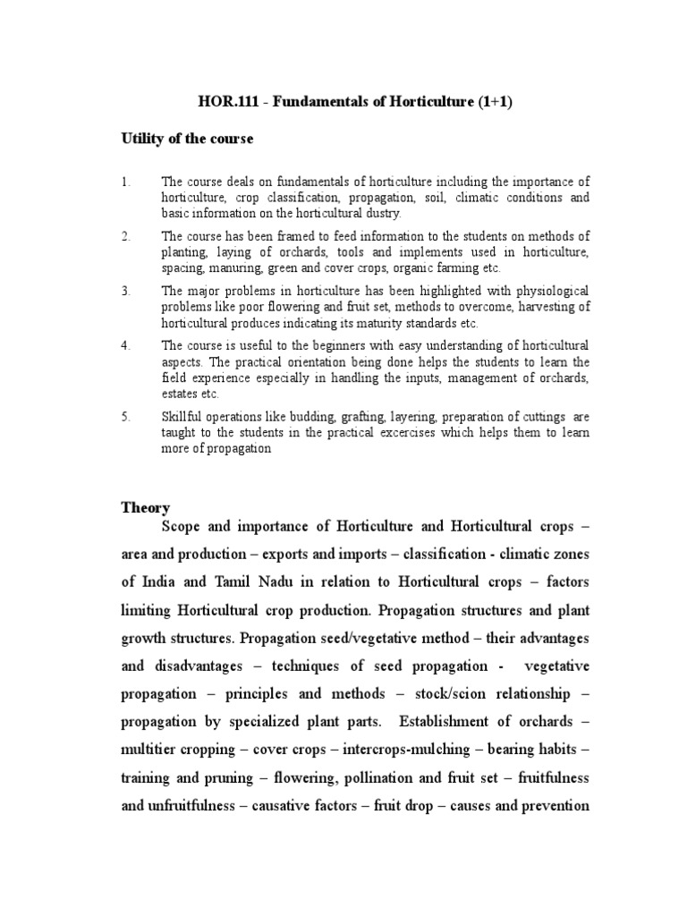 HOR.111 - Fundamentals of Horticulture (1+1) Utility of The Course | PDF | Grafting | Plant Nursery