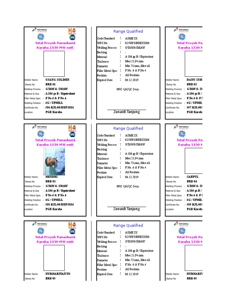 Welder ID Card BRE Karaha | PDF | Industrial Gases | Welding