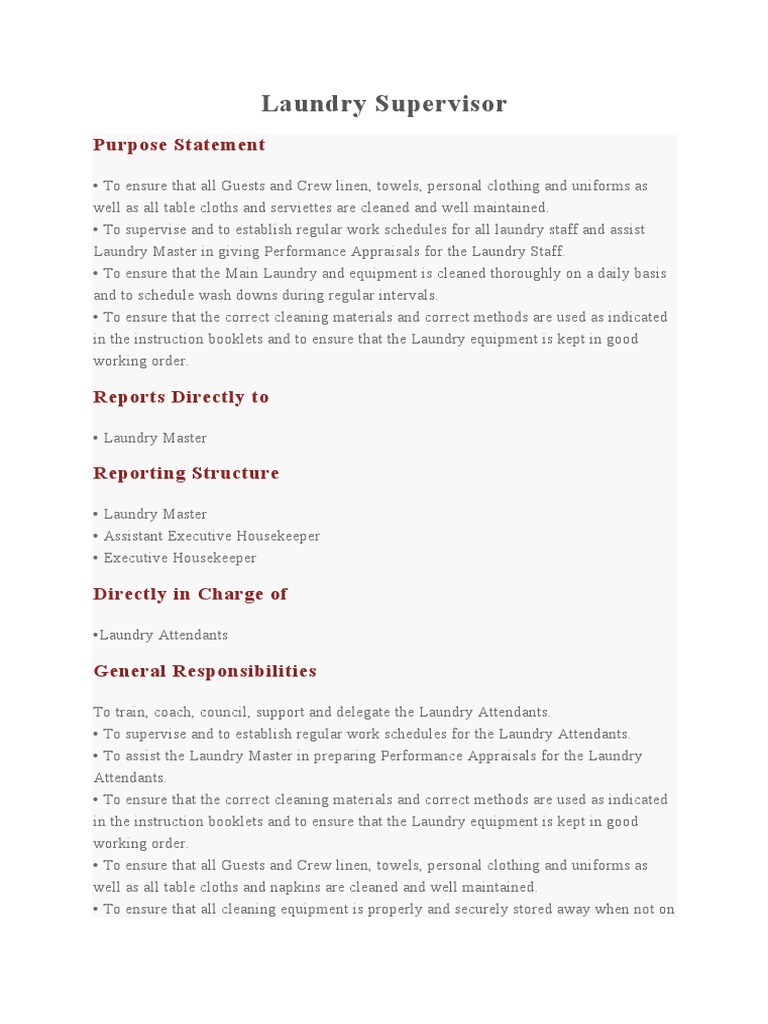 Laundry Supervisor Job Description | PDF | Laundry | Housekeeping