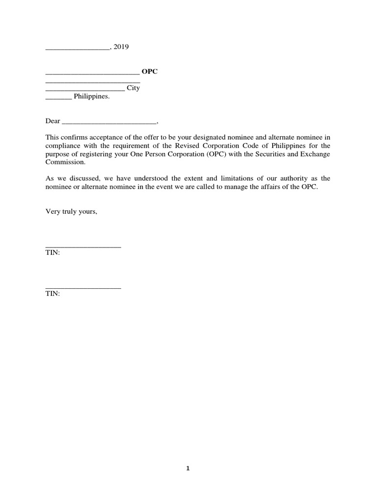Sample OPC Nominee Acceptance Letter | PDF | Finance & Money Management