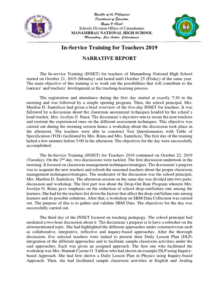 Narrative Report (INSET) | PDF | Inquiry Based Learning | Lesson Plan