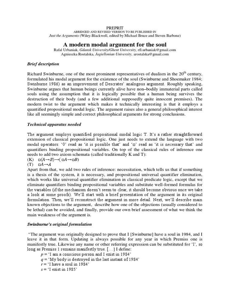 A Modern Modal Argument For The Soul | PDF | Logical Consequence | Argument