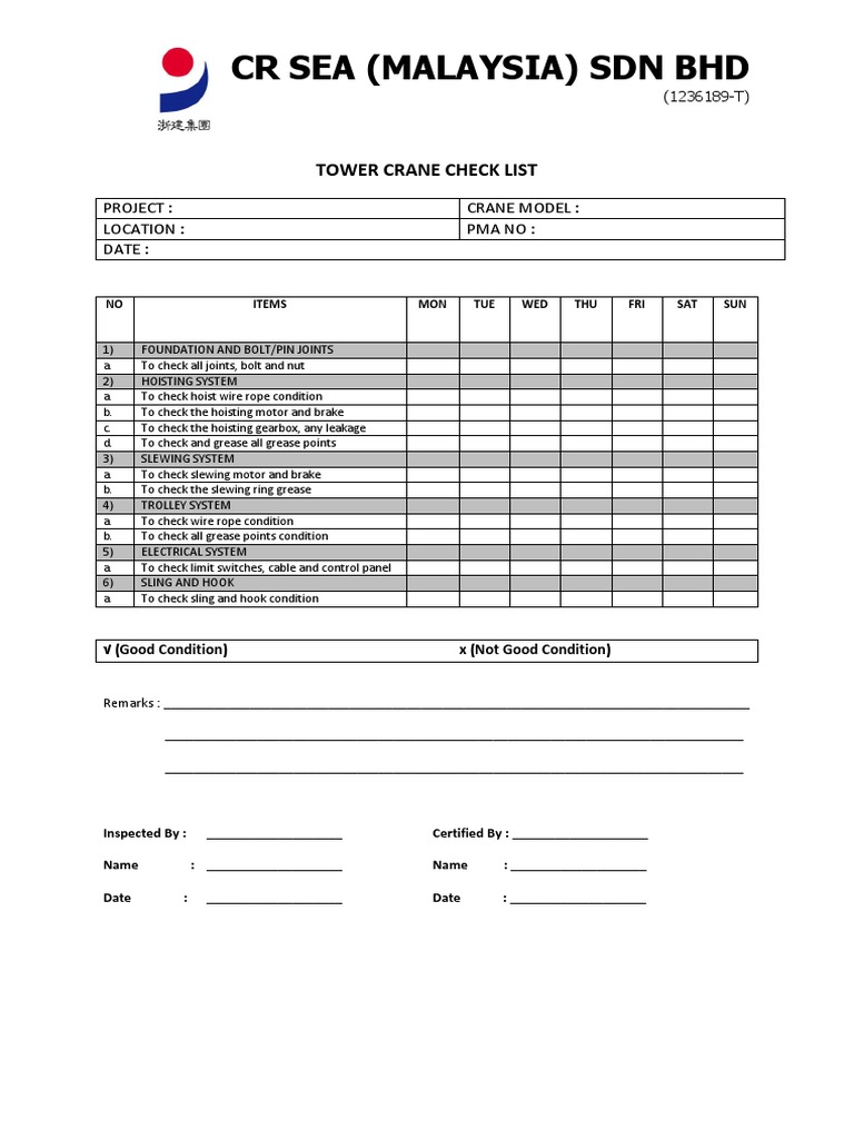 Tower Crane Check List