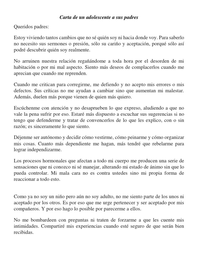 Carta de Un Adolescente A Sus Padres | PDF | Adolescencia | Amor