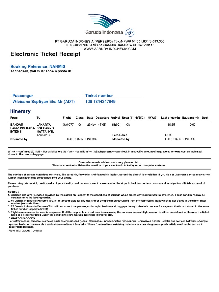 Garuda Indonesia Electronic Ticket Receipt for Flight from Bandar ...