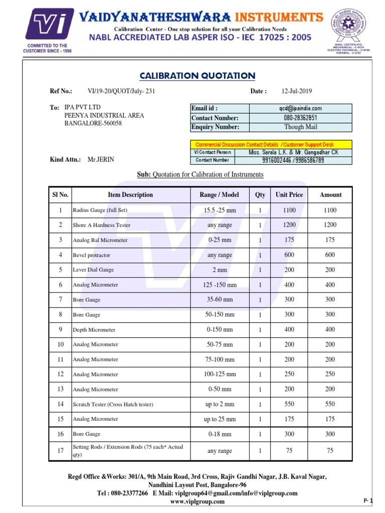Sub: Quotation For Calibration of Instruments | PDF | Calibration