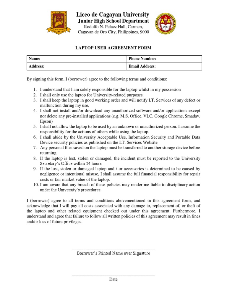 Laptop User Agreement Form | PDF | Laptop | Information Security