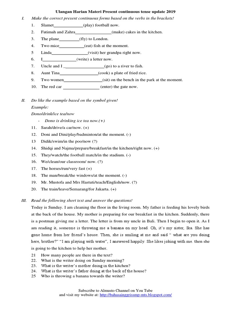 Ulangan Harian Materi Present Continuous Tense Update 2019 | PDF