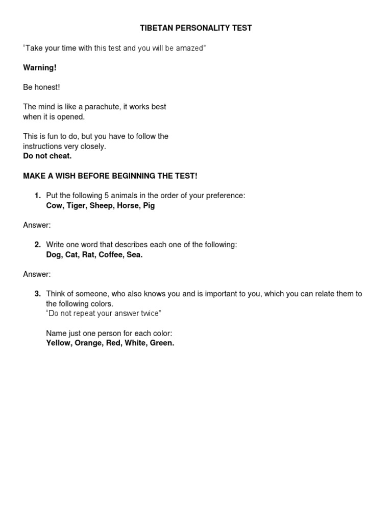 Tibetan Personality Test | PDF