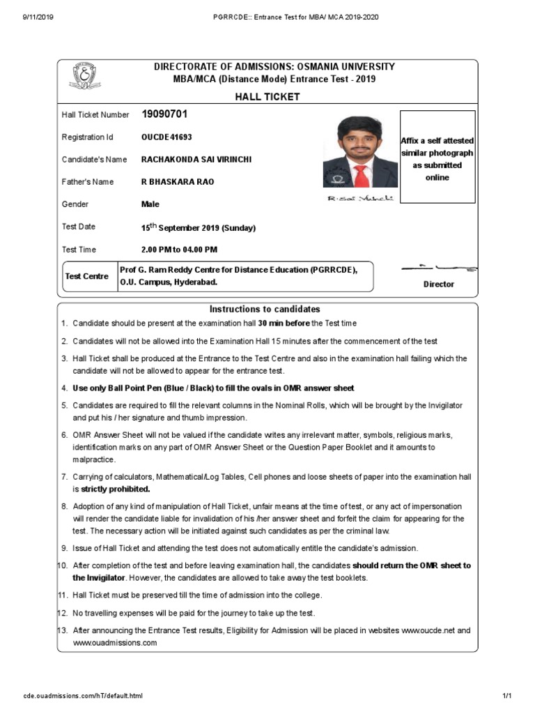 Hall Ticket 19090701: Directorate of Admissions: Osmania University MBA ...