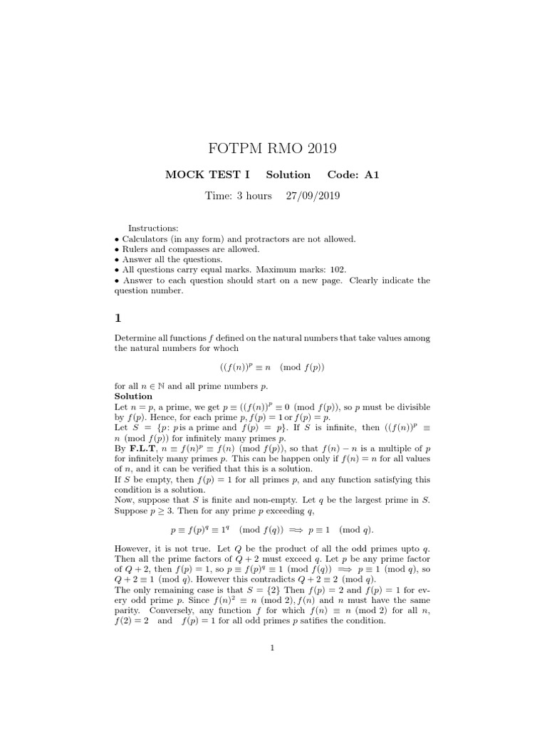 Fiitjee Rmo Mock Test | PDF | Prime Number | Numbers