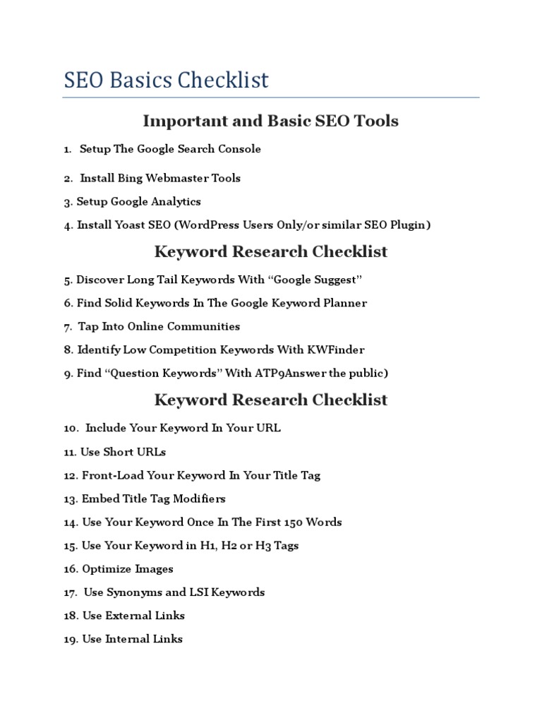 SEO Basics Checklist: Important and Basic SEO Tools | PDF