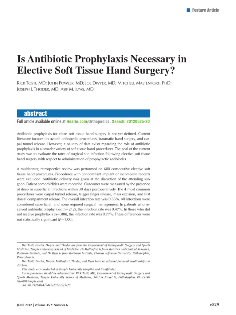 Is Antibiotic Prophylaxis Necessary in Elective Soft Tissue Hand ...