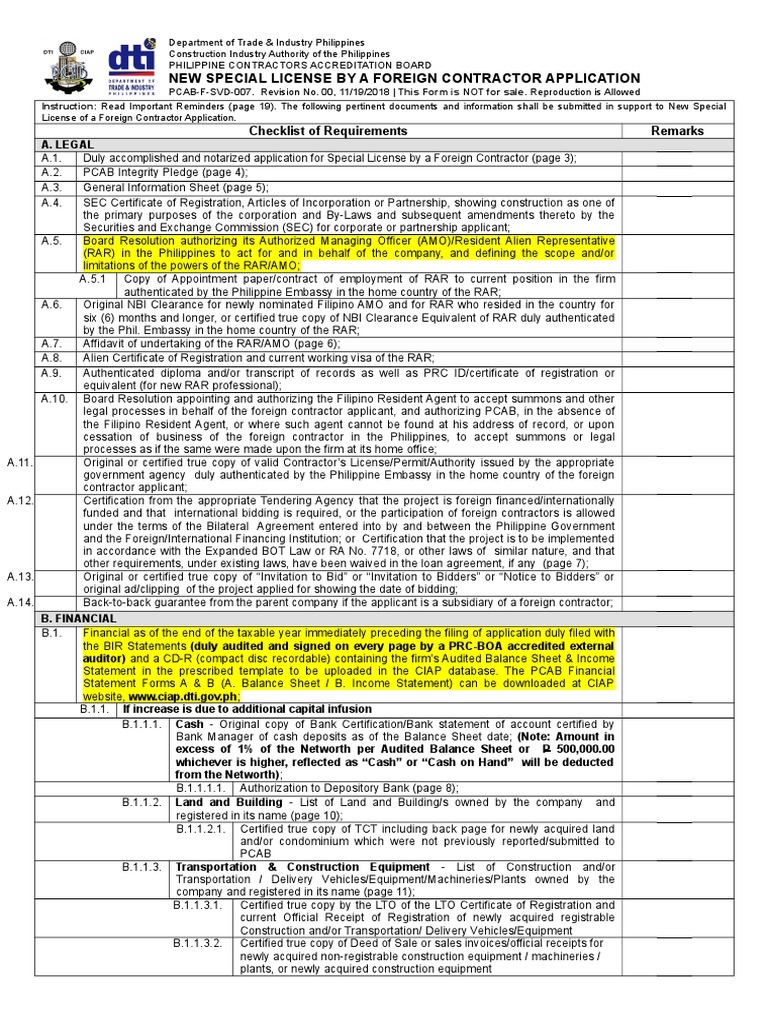 New Special License by A Foreign Contractor Application: Checklist of ...