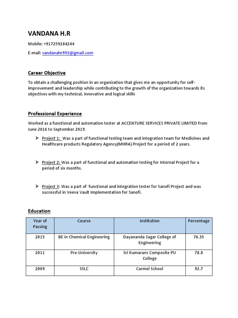 Vandana H.R: Career Objective | PDF