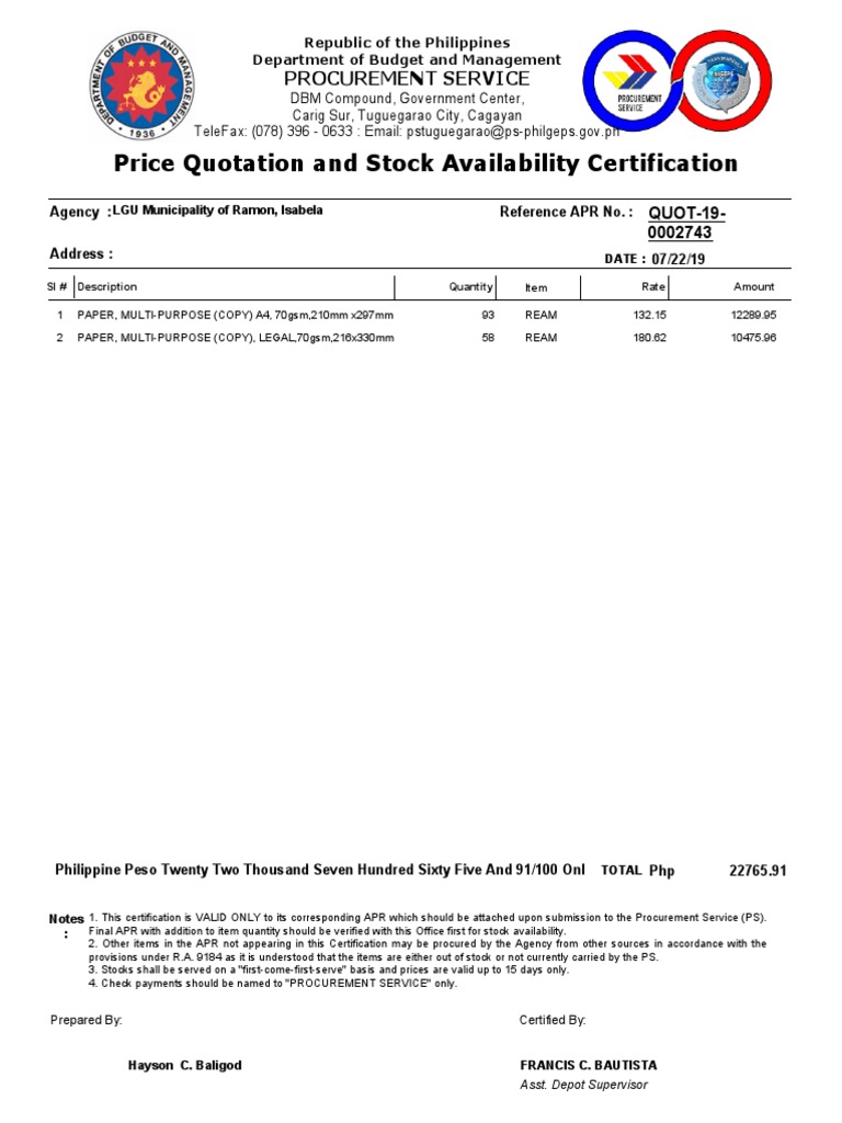 LGU Paper Supply Quotation | PDF | Government | Economies