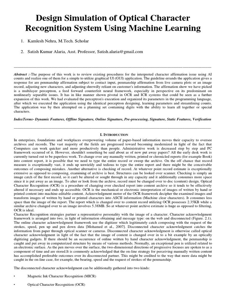 Design Simulation of Optical Character Recognition System Using Machine ...