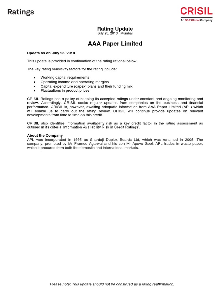 AAA Paper Limited: Rating Update | PDF | Damages | Credit Rating