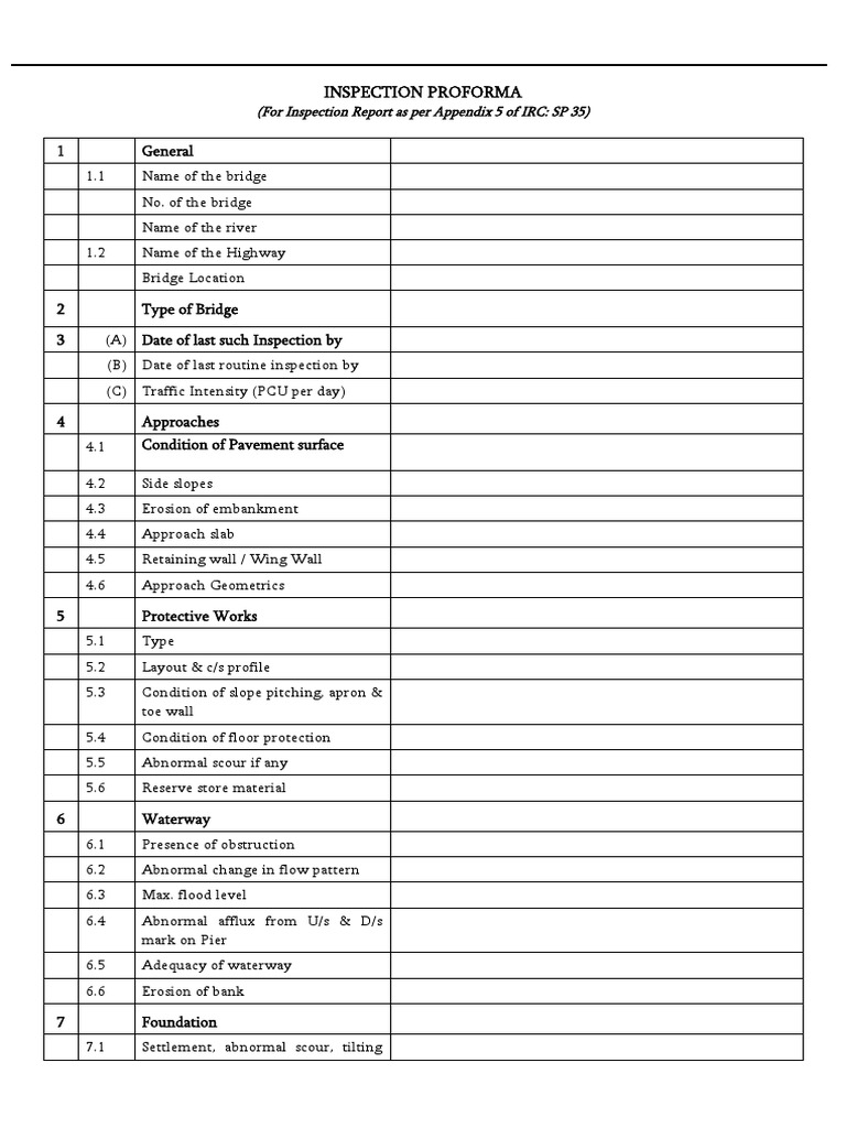 Inspection Proforma: (For Inspection Report As Per Appendix 5 of IRC ...