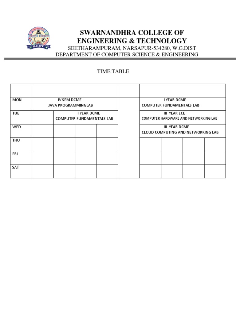 Timetable for Computer Science and Engineering courses at Swarnandhra ...