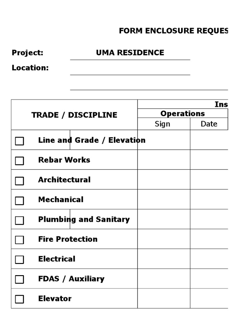 Form Enclosure Request Project: Uma Residence Location:: Sign Date | PDF