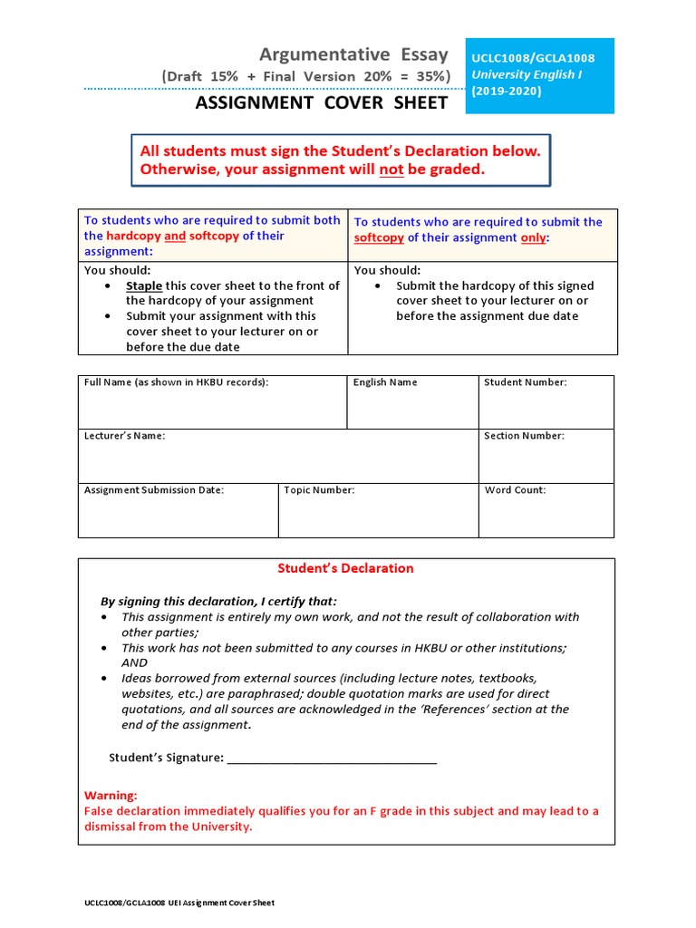 Assignment Cover Sheet: Argumentative Essay | PDF