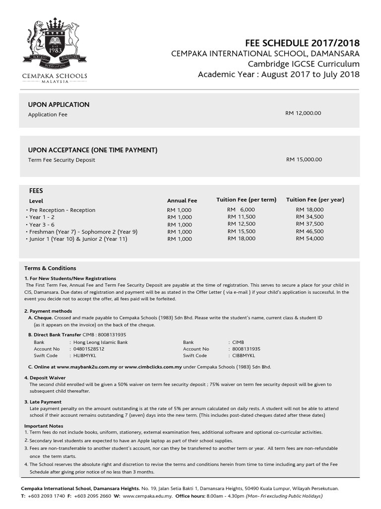 FEE SCHEDULE 2017/2018: Cambridge IGCSE Curriculum Academic Year ...