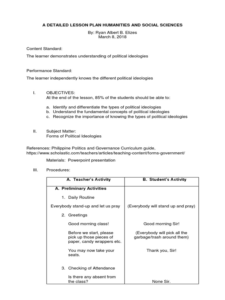 Final Detailed Lesson Plan Ryan | PDF | Ideologies | Republic
