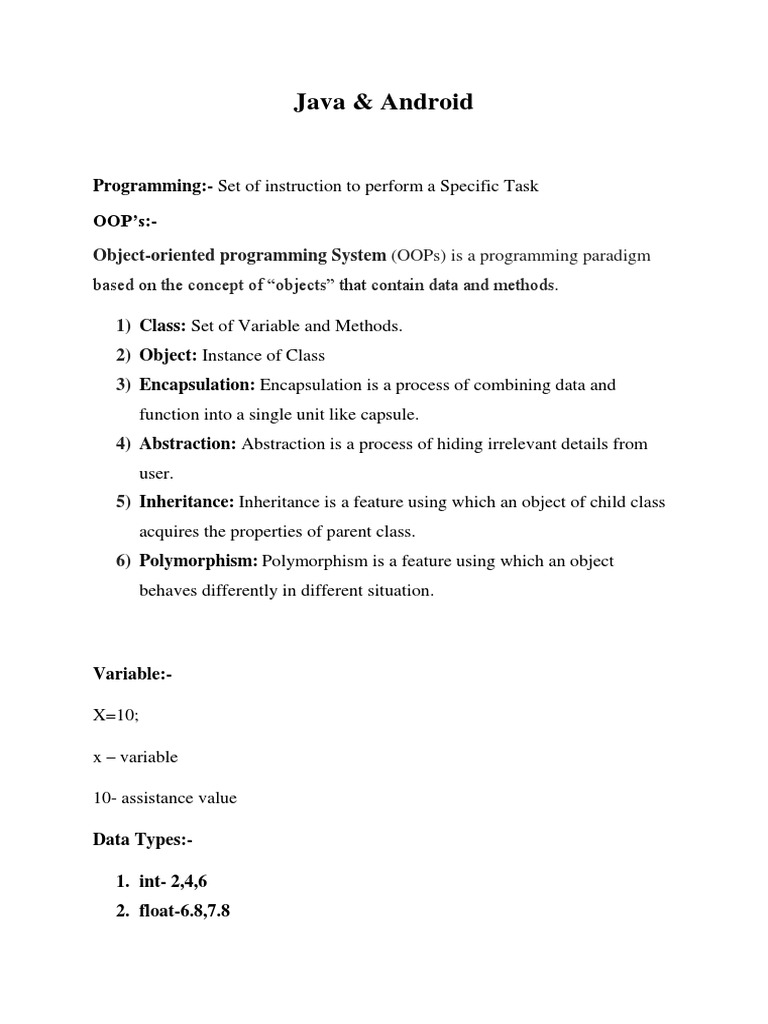 Java And Android Object Oriented Programming System Oops Is A Programming Paradigm Pdf