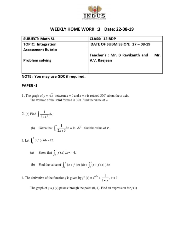 12 Ibdp Math SL - HW - 3 22-08-19 | PDF | Mathematical Concepts | Analysis