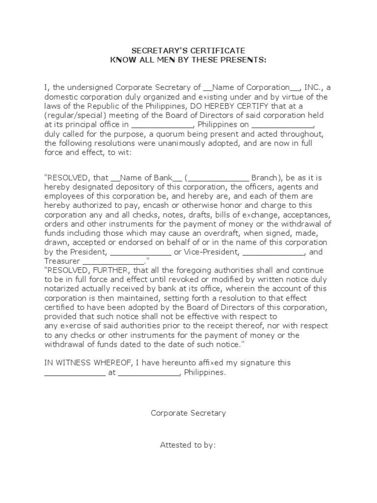 Notarized Secretary Certificate Sample | PDF
