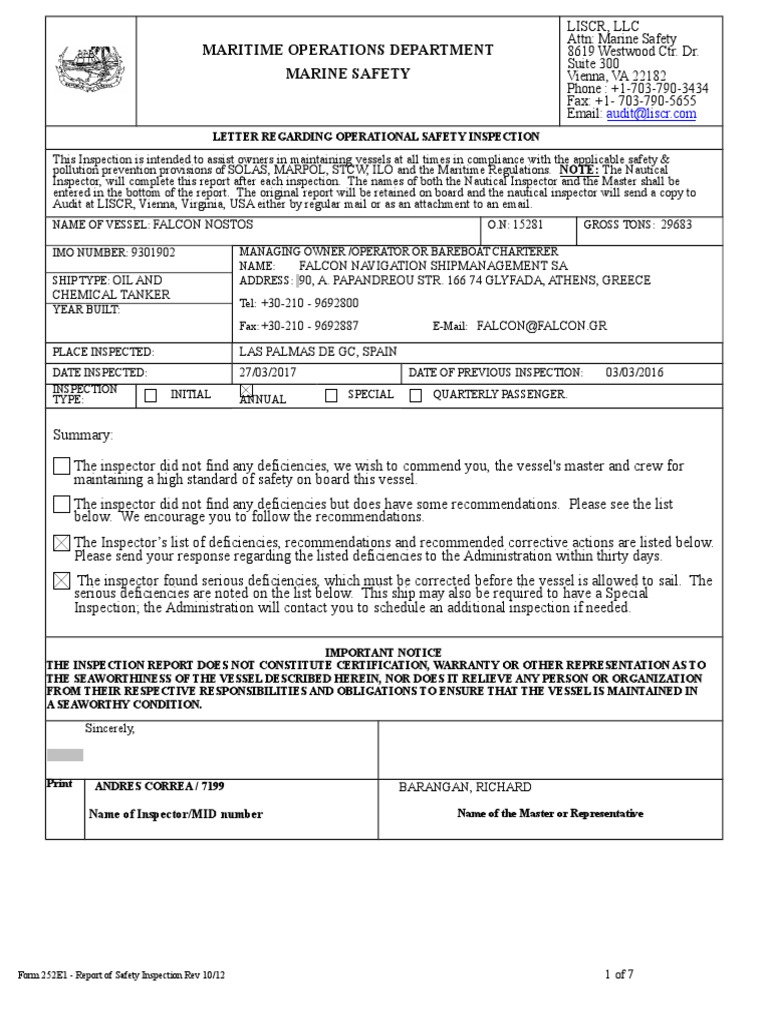 Panama Flag State Inspection Report | PDF | Navigation | Sailor