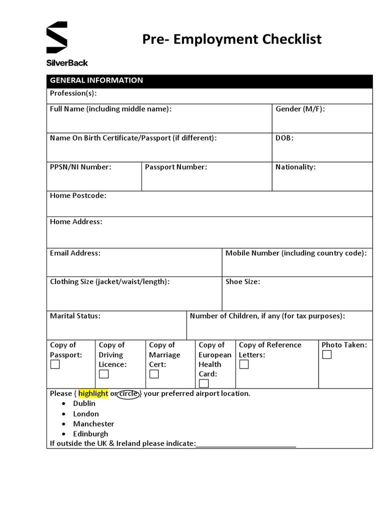 Pre-Employment Checklist: General Information | PDF