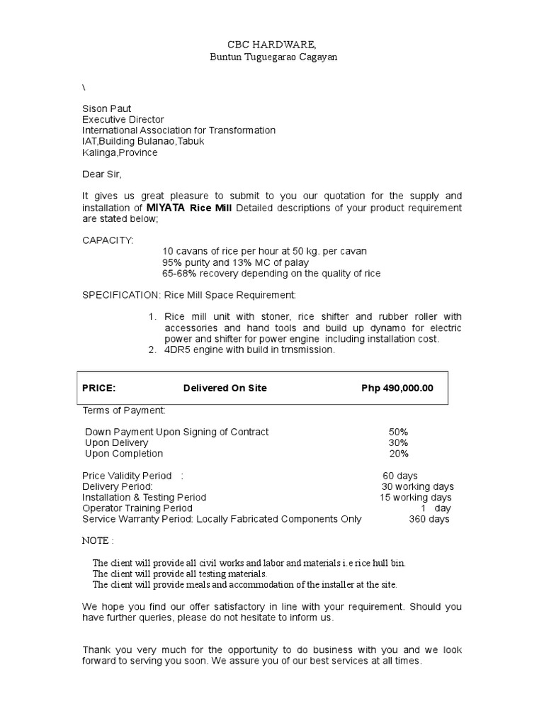 Rice Mill Quotation, IATPHIL SATAKE - CBC | PDF | Business