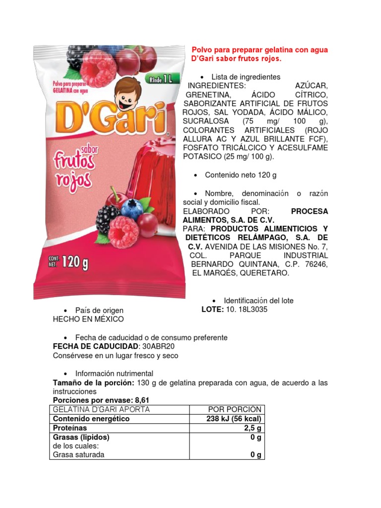 Polvo para preparar gelatina con agua D’Gari sabor frutos rojos | Coca ...