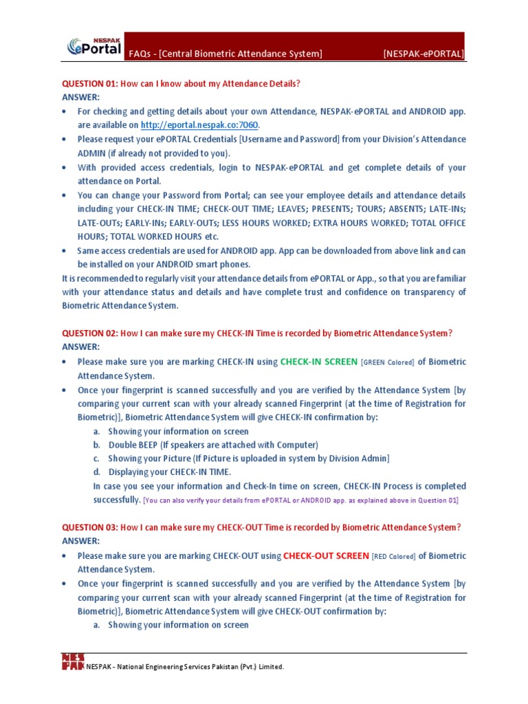 FAQs NESPAK BiometricAttendanceSystem PDF | PDF | Biometrics | Mobile App