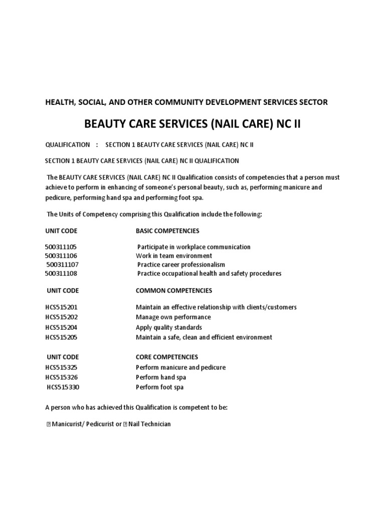 Beauty Care Module | PDF | Competence (Human Resources) | Nail (Anatomy)