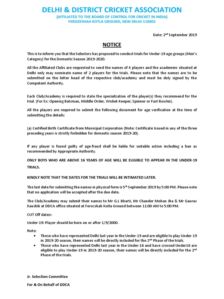 DDCA Under-19 Trials Notice 2019-20 | PDF | Finance & Money Management ...