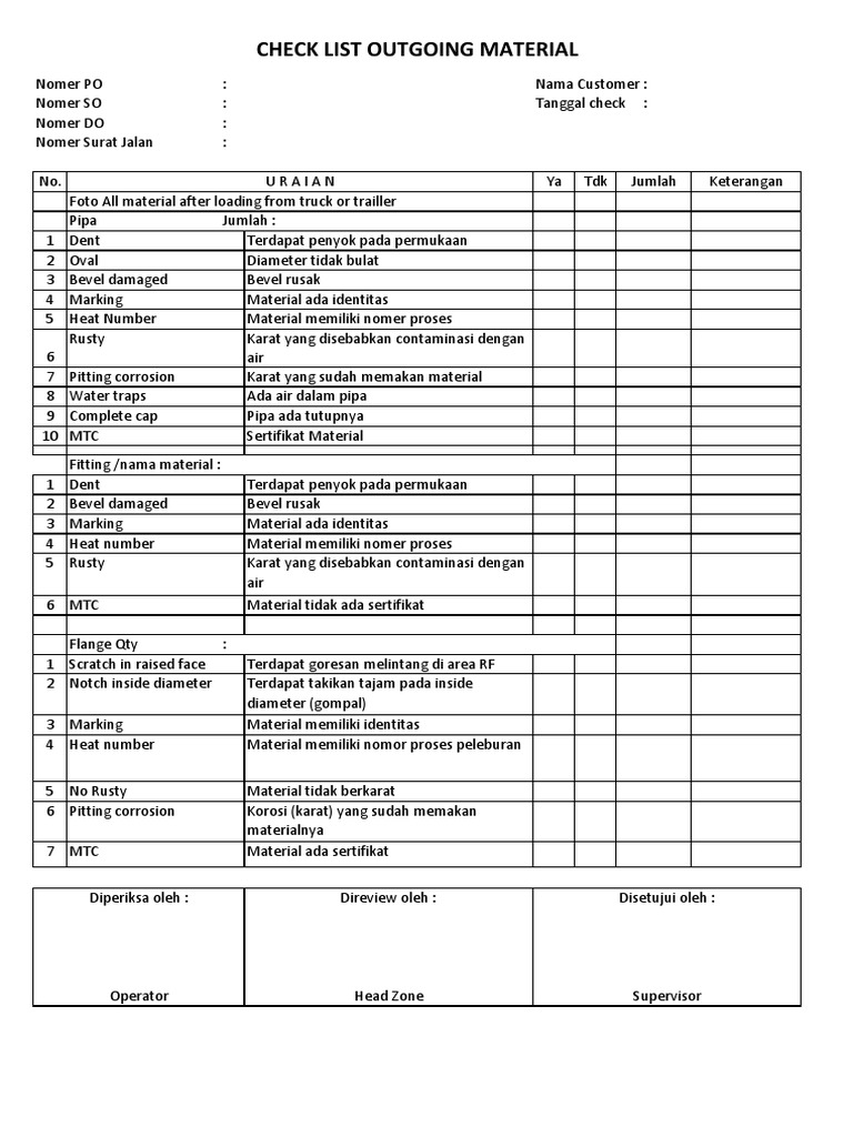 MATERIAL INSPECTION CHECKLIST | PDF