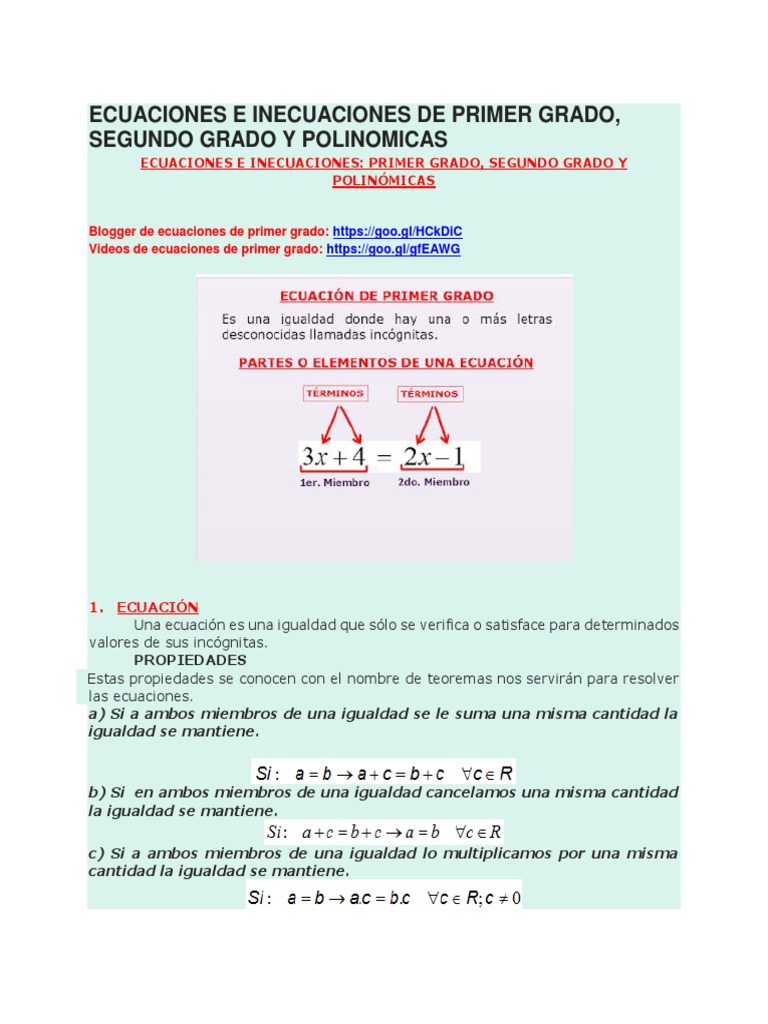 Ecuaciones e Inecuaciones de Primer Grado | PDF | Ecuaciones | Ecuación cuadrática
