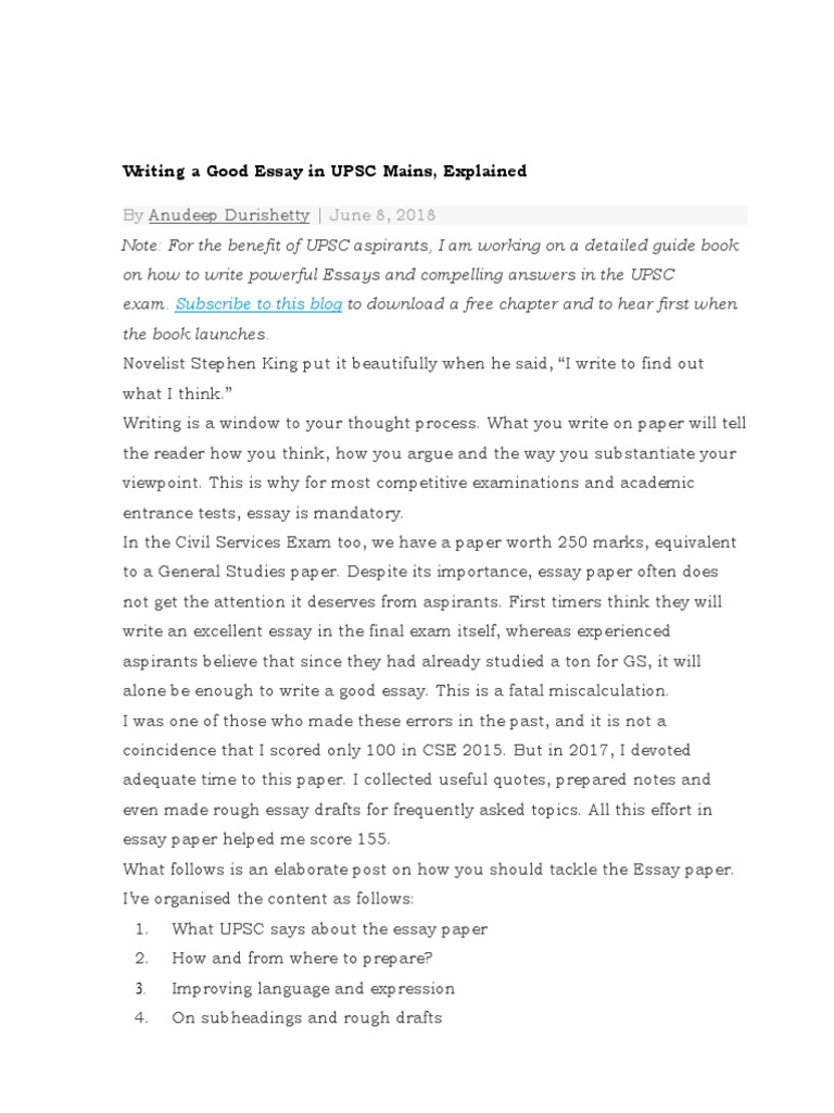 Writing A Good Essay in UPSC Mains, Explained: Anudeep Durishetty | PDF ...