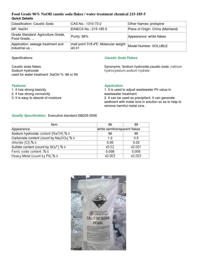 Food Grade 96% Naoh Caustic Soda Flakes / Water Treatment Chemical 215 ...